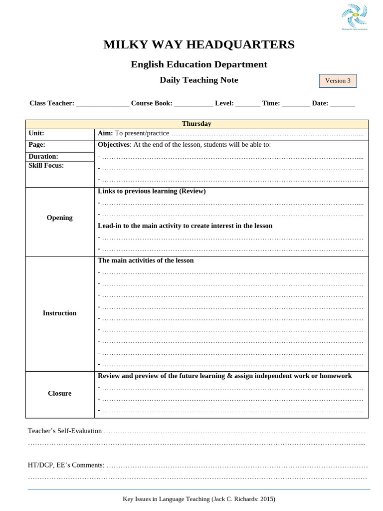 Daily Teaching Note-Version 3 | PDF