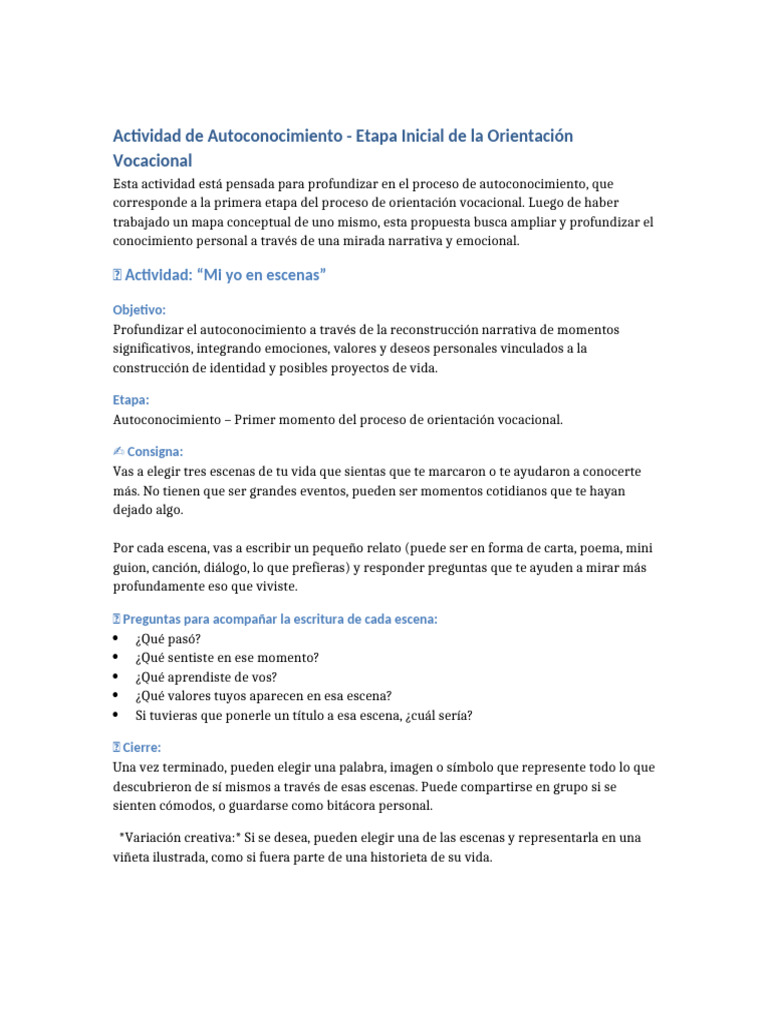 Actividad Autoconocimiento Orientacion Vocacional | PDF