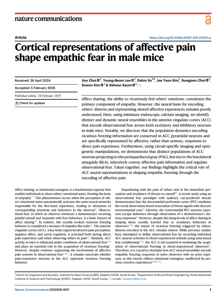 Choi2025 - Nat Commun - Cortical Representations of Affective Pain Shape Empathic Fear in Male ...
