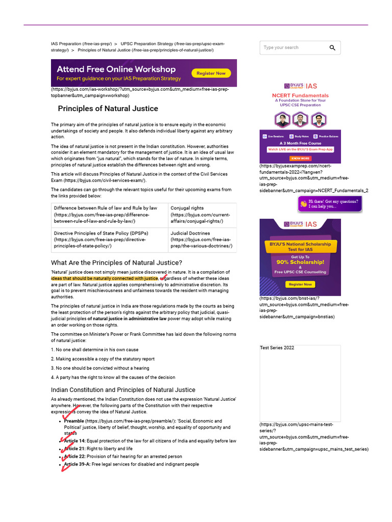 Principles of Natural Justice - UPSC Notes | PDF | Constitution | Justice