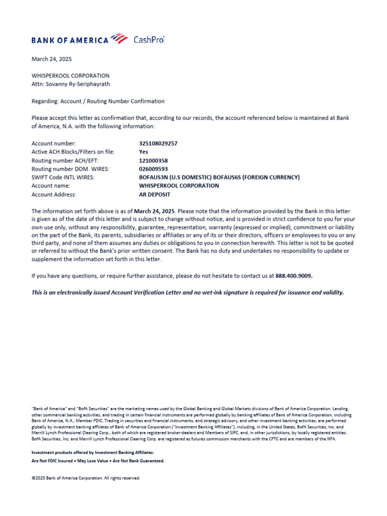 Account Verification Letter for WhisperKool | PDF | Banks | Bank Of America