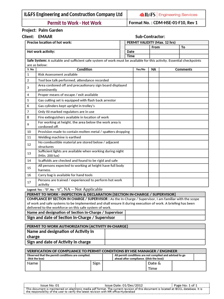 Hot Work Permit Compliance Checklist | PDF | Safety