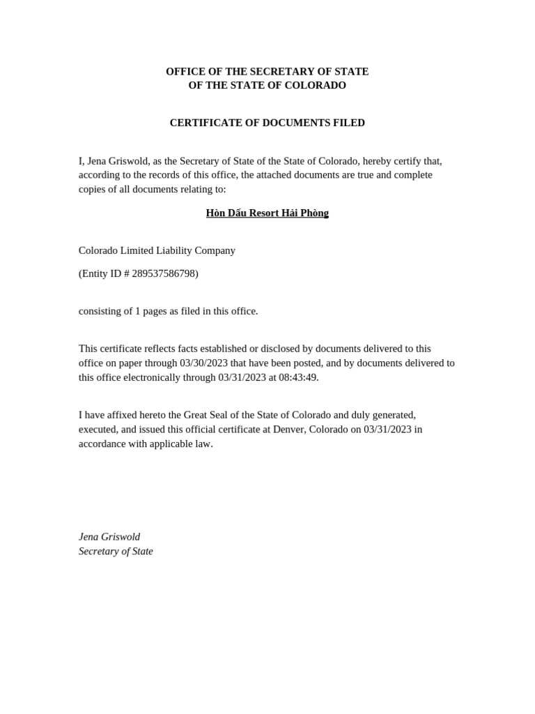 Colorado LLC Certificate for Hòn Dấu Resort | PDF