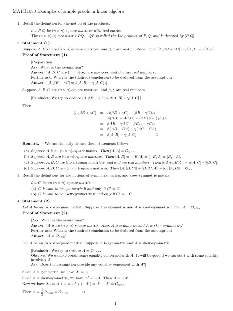 1030b-n02-6 Examples of Simple Proofs in Linear Algebra | PDF | Matrix ...