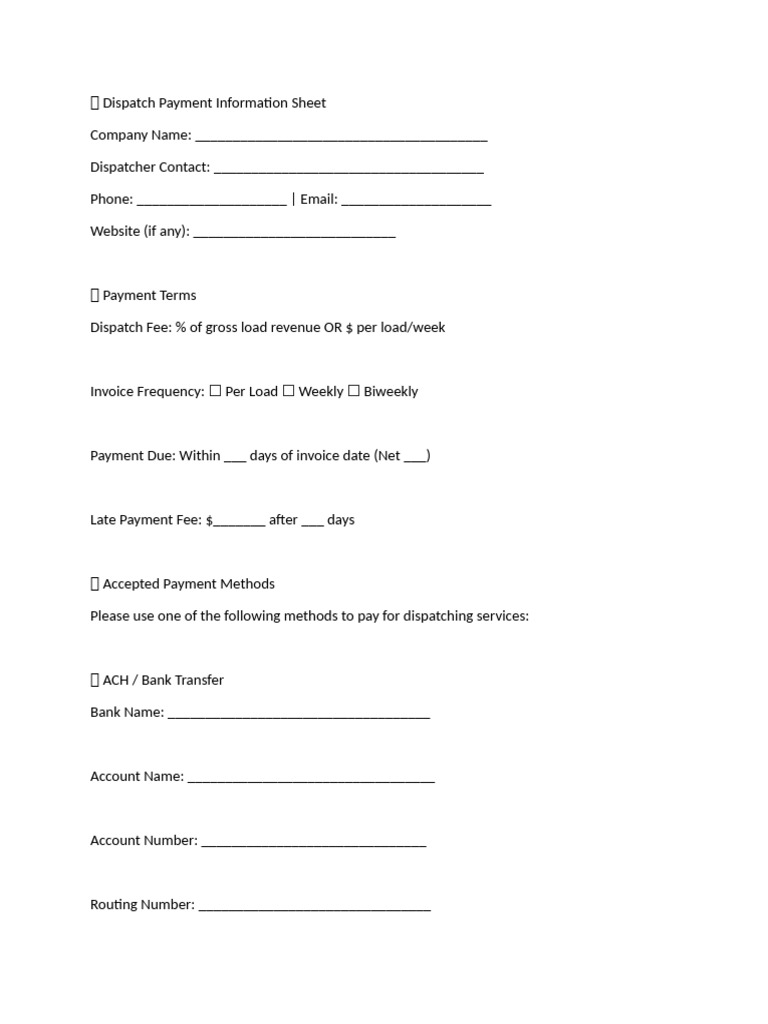 ? Dispatch Payment Information Sheet | PDF