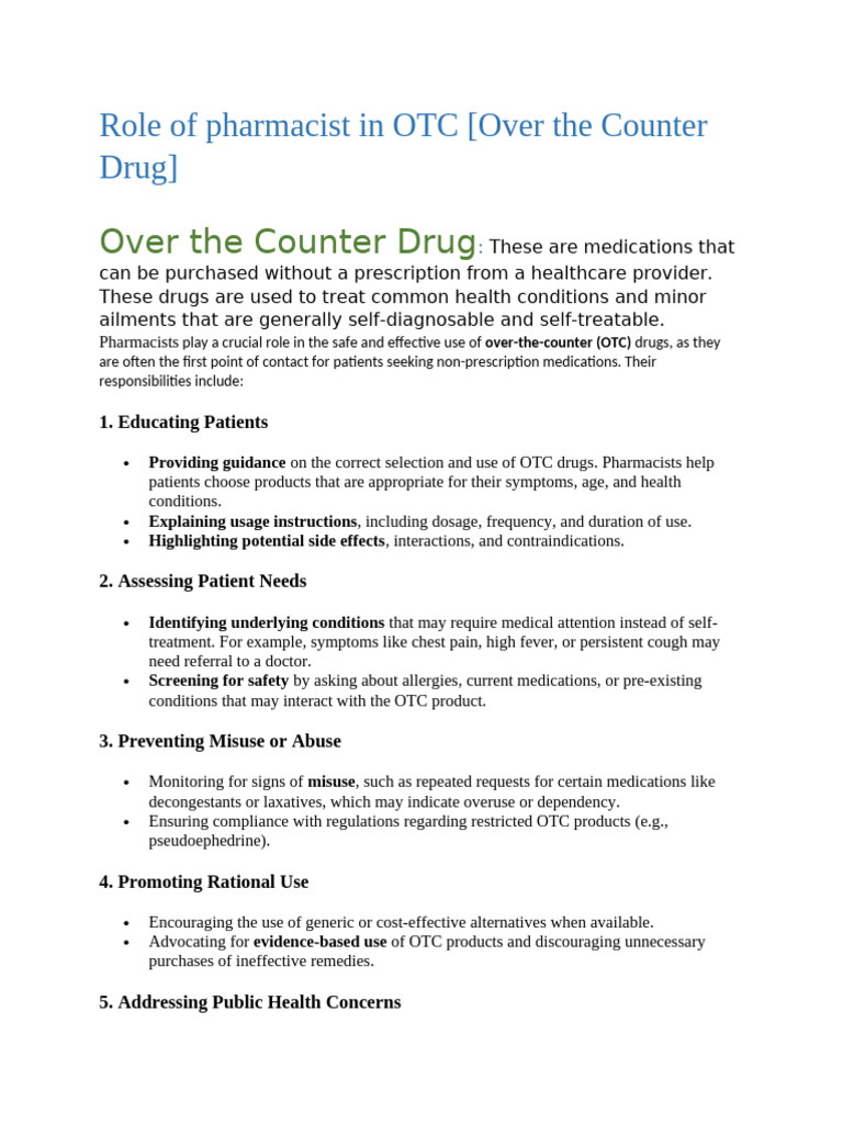 Pharmacist's Role in OTC Medication | PDF | Medical Prescription | Over ...