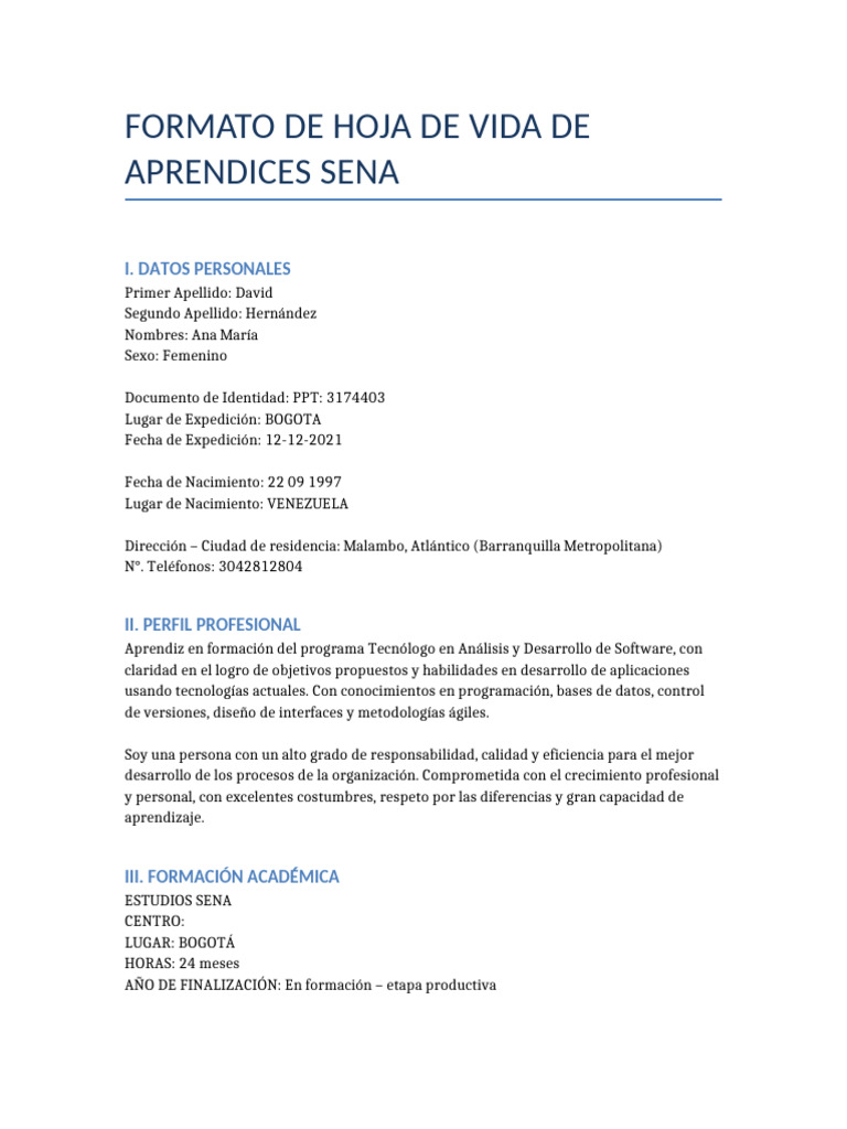 Hoja de Vida de Ana María David | PDF