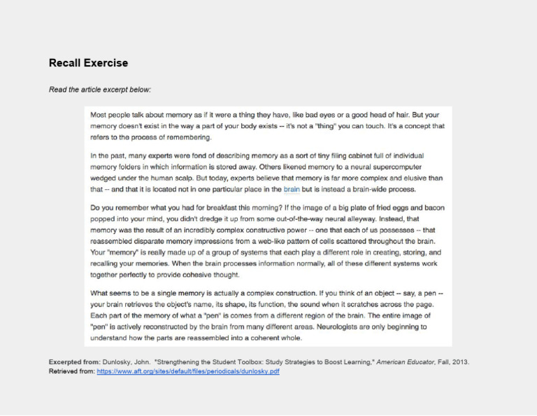 Recall Exercise Dunlosky | PDF