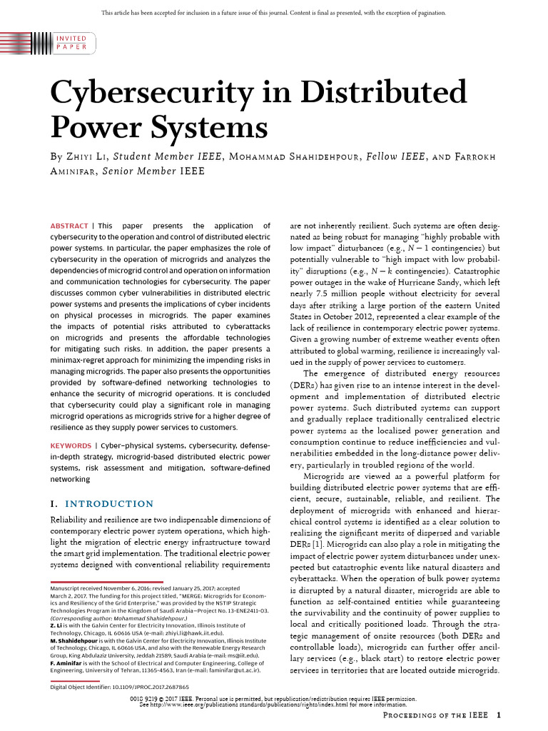 Cybersecurity in Distributed Power Systems | PDF | Computer Security ...