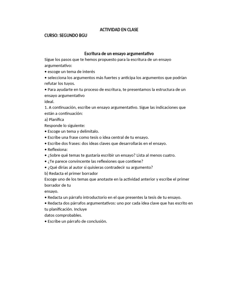 Actividad en Clase 2do Bgu Ensayo Argumentativo | PDF