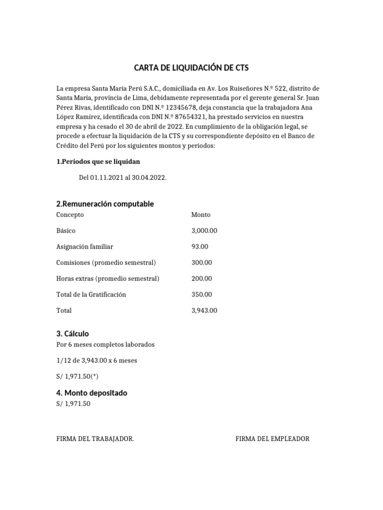 Modelo Liquidacion CTS | PDF