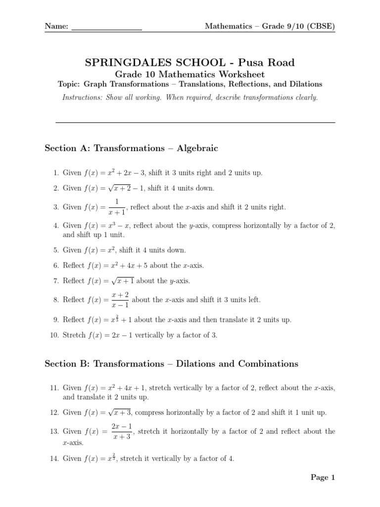 Graph Transformations Worksheet | PDF | Cartesian Coordinate System ...
