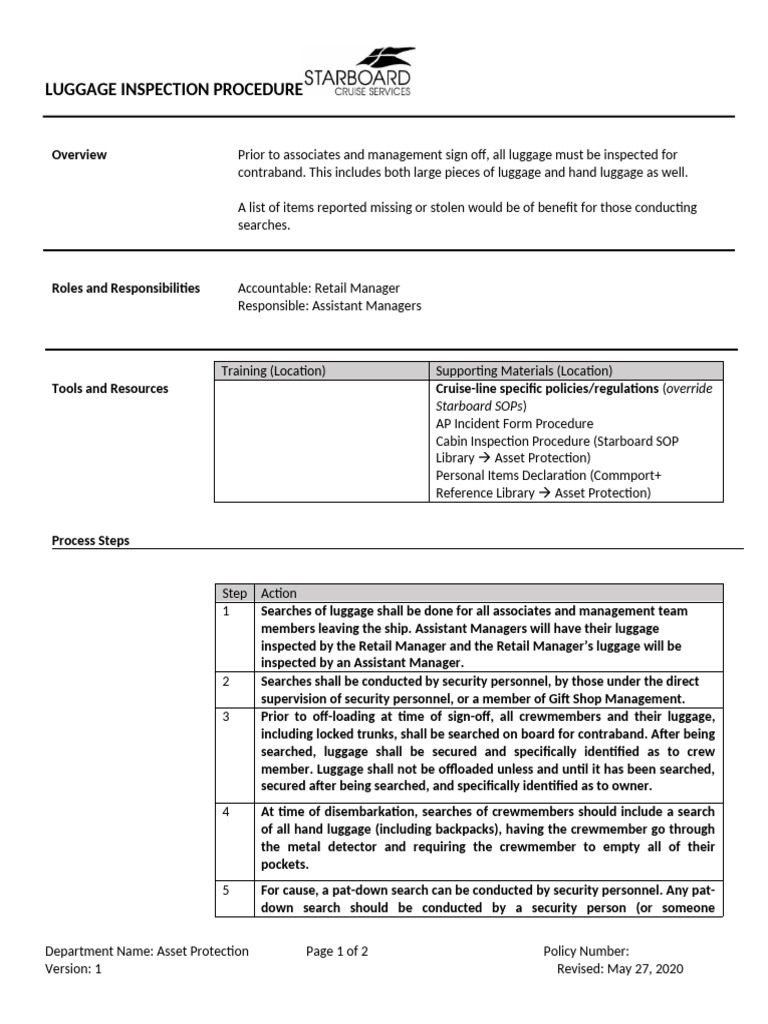 Luggage Inspection Protocol for Crew | PDF | Baggage