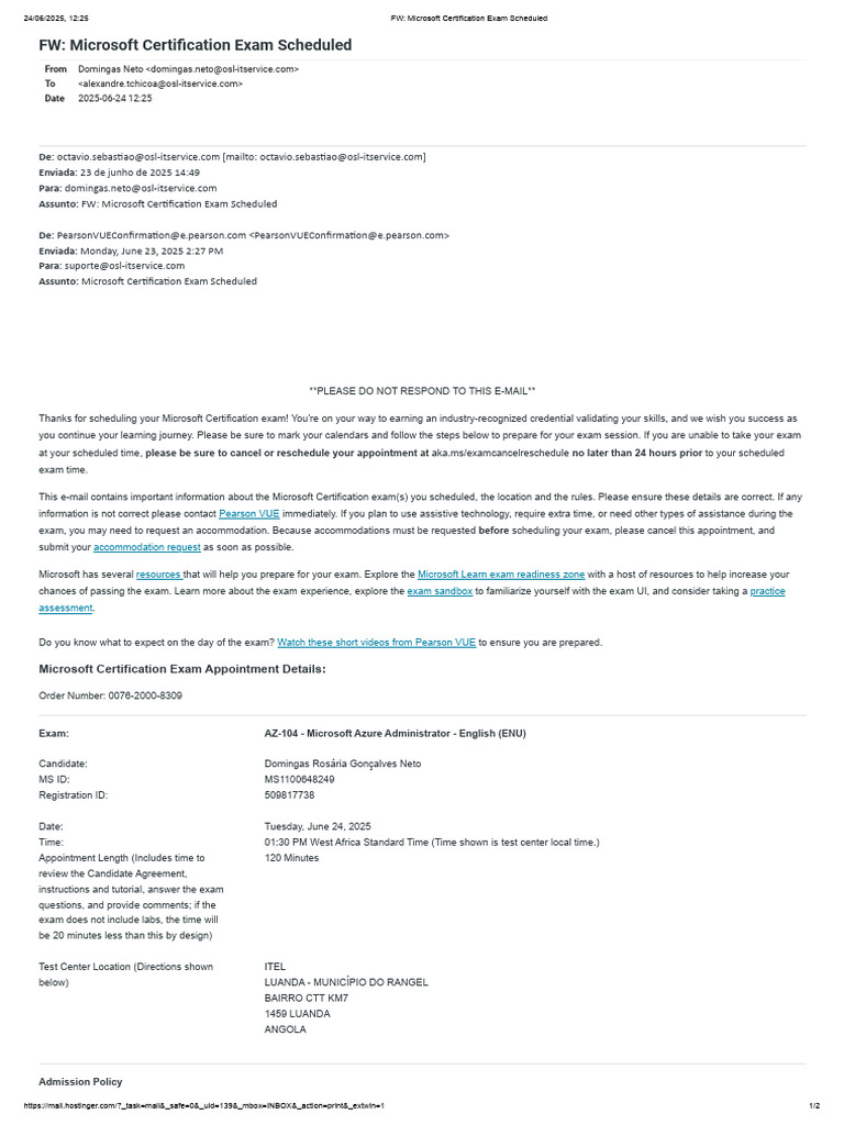FW - Microsoft Certification Exam Scheduled | PDF