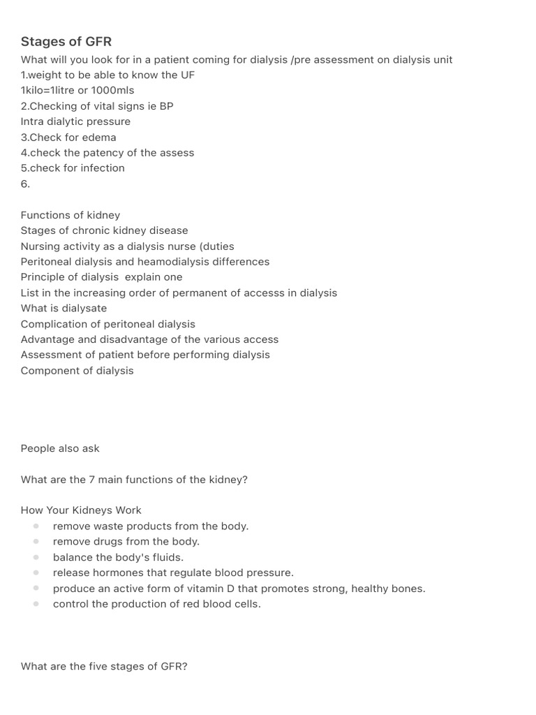 GFR Stages and Dialysis Assessment Guide | PDF