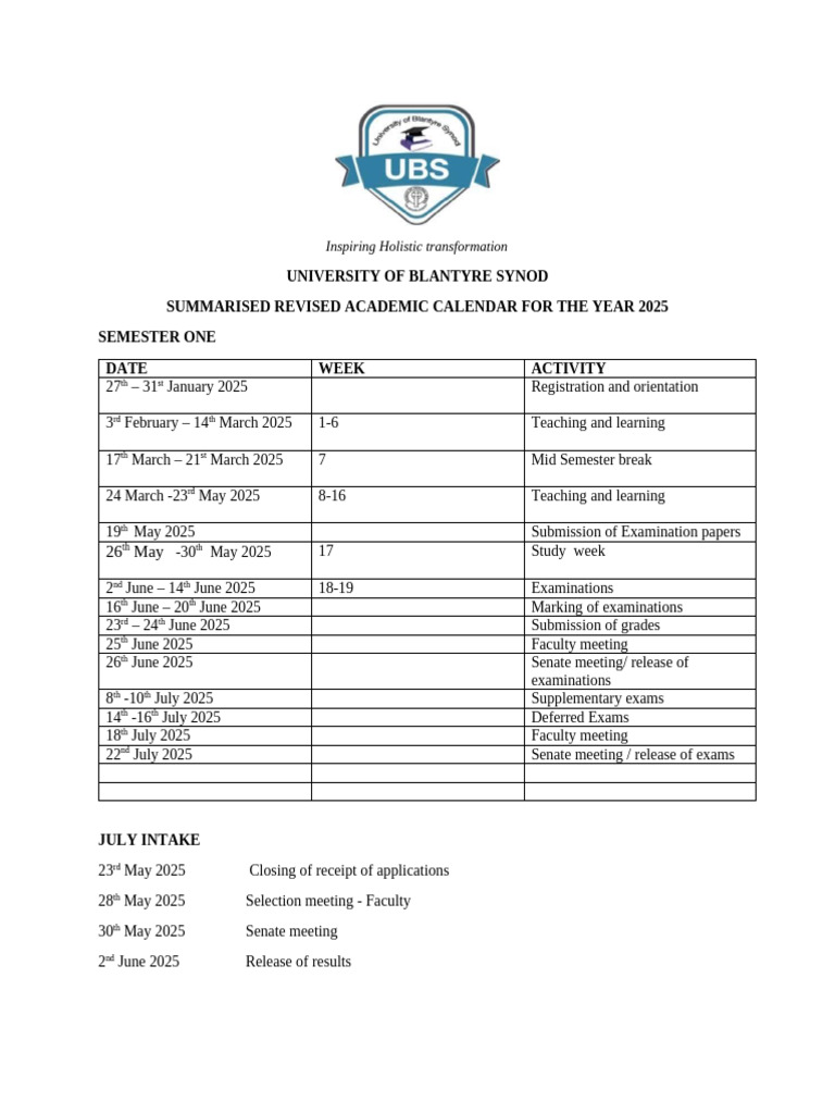 Blantyre Synod Academic Calendar 2025 | PDF | Academic Term