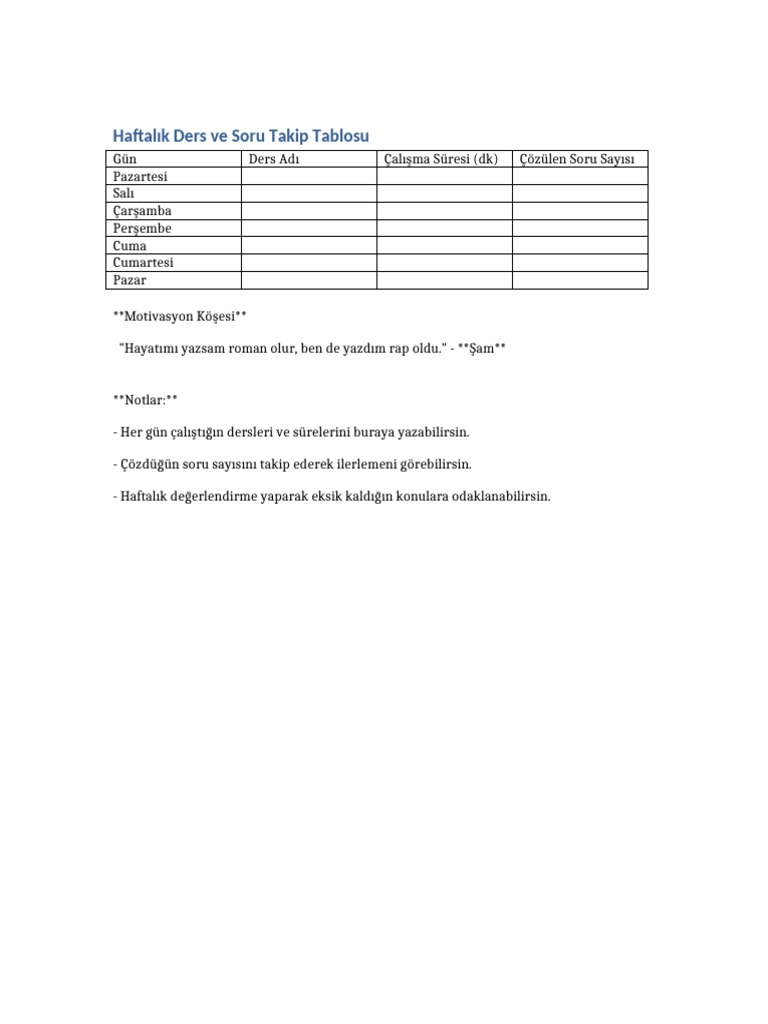 Haftalık Ders Takip Tablosu | PDF
