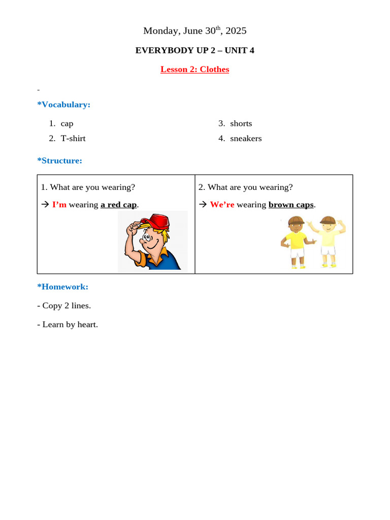 Monday, June 30, 2025: Lesson 2: Clothes | PDF