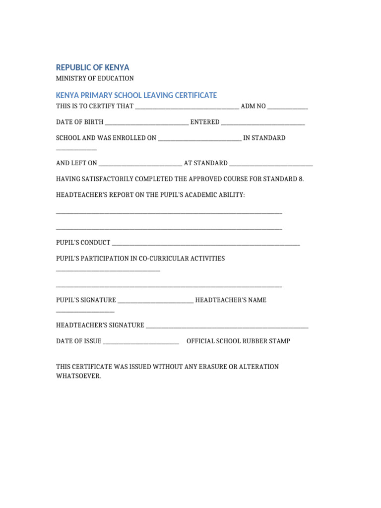 Kenya Primary School Leaving Certificate | PDF