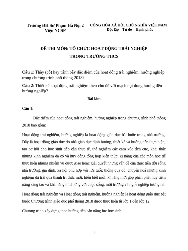Đề Hoạt Động Trải Nghiệm THCS | PDF