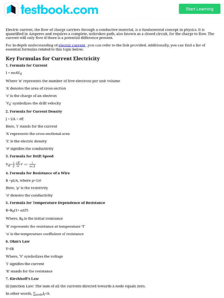 Important Current and Electricity Formulas For JEE - Testbook | PDF