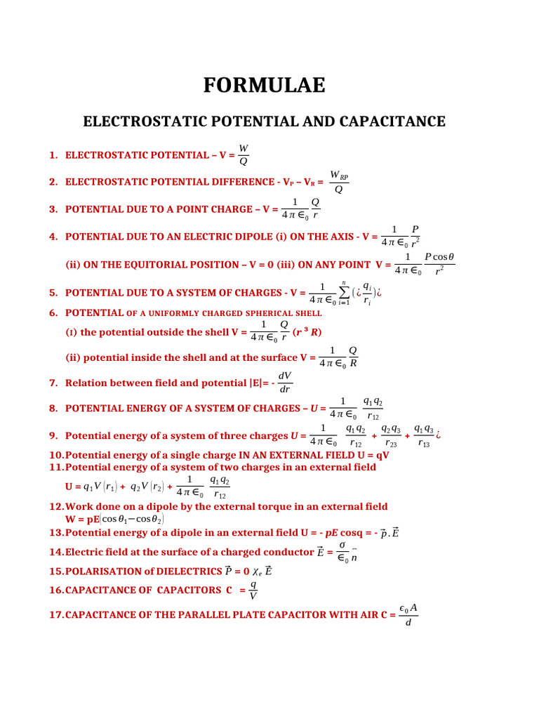 Chapter 2 Formulae | PDF | Capacitance | Capacitor