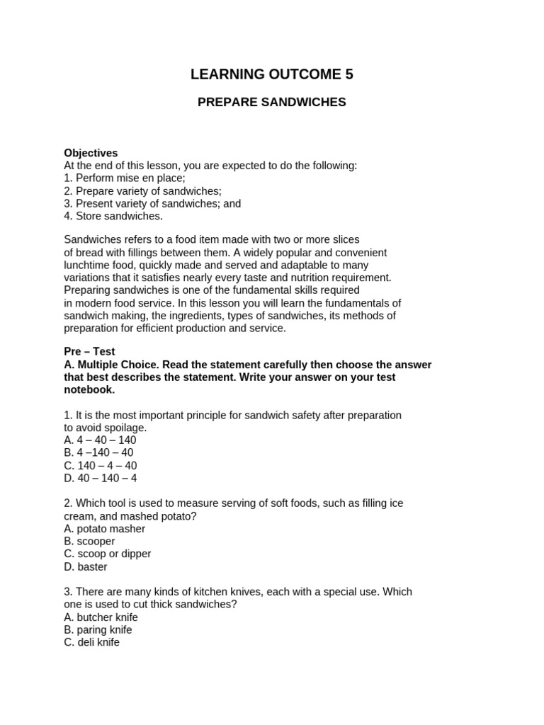 Learning Outcome 5- Prepare Sandwiches | PDF | Sandwich | Knife