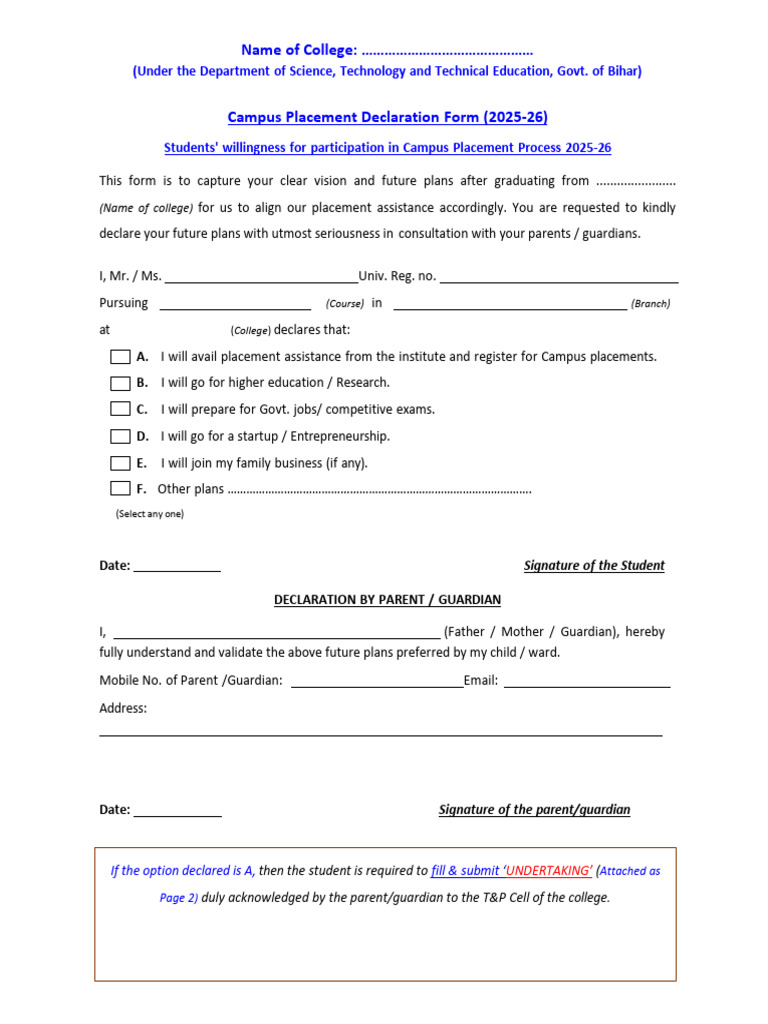 Campus Placement Declaration Form-1 | PDF