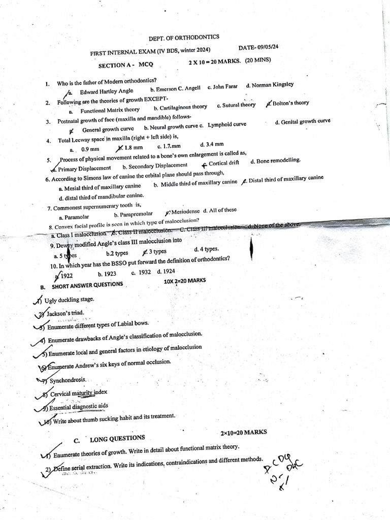 IV BDS Ist Internal Question Papers | PDF | Periodontology | Orthodontics