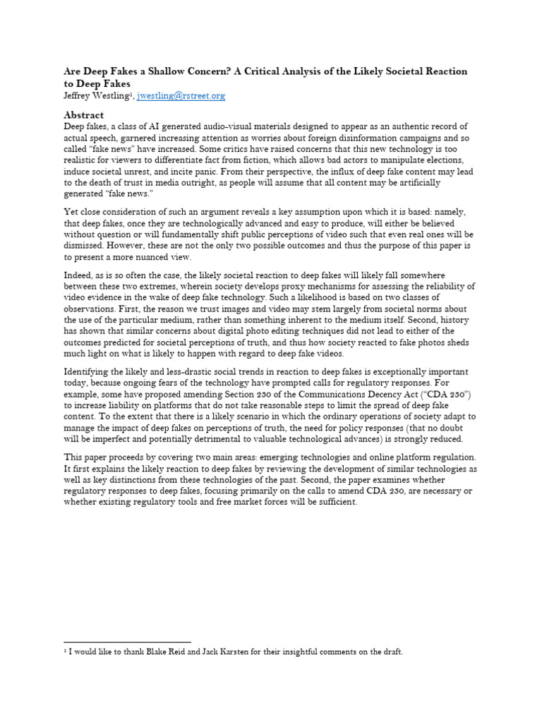 Are Deep Fakes A Shallow Concern. A Critical Analysis of Societal ...