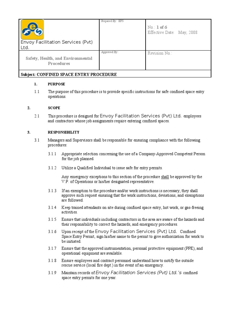 Confined Space Entry Procedure | PDF | Occupational Safety And Health ...