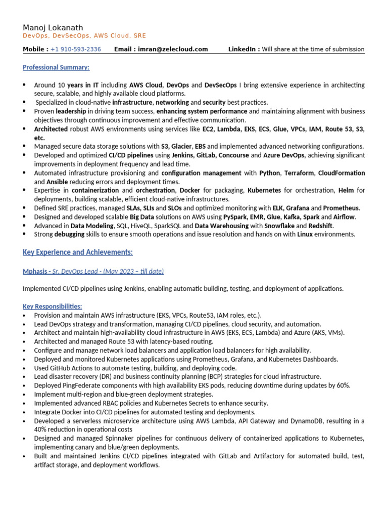 Manoj Lokanath AWS Devops Resume | PDF | Cloud Computing | Amazon Web ...