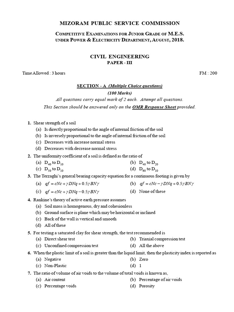 Mizoram PSC Civil Engineering Exam 2018 | PDF | Soil Mechanics | Deep ...