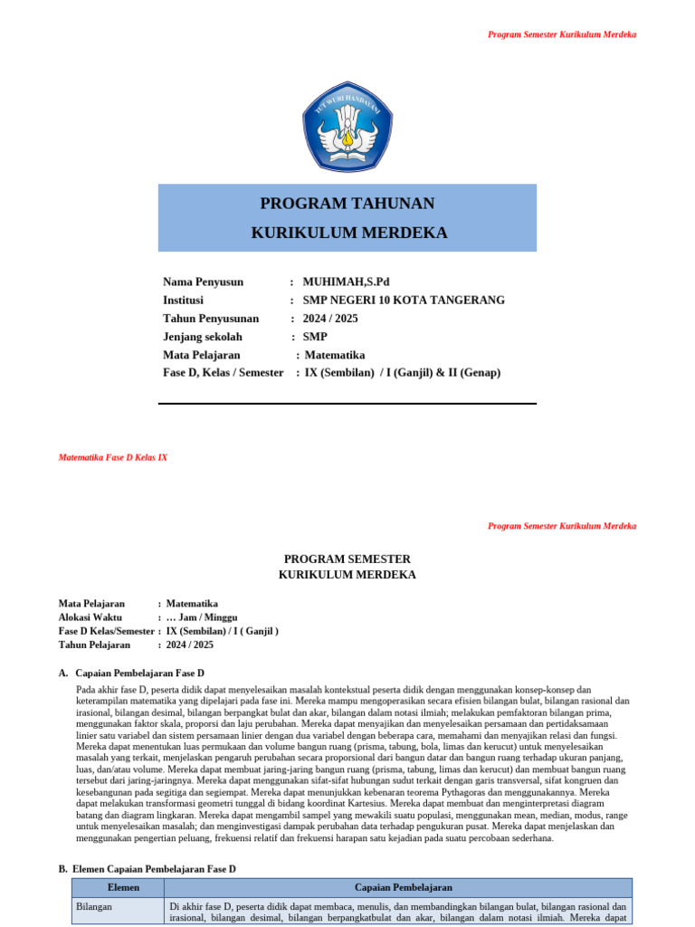 Program Semester Matematika SMP 2024 | PDF