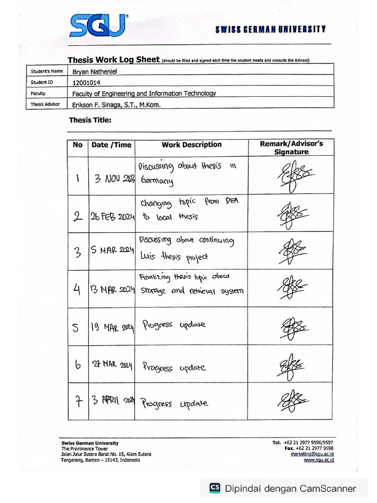 Thesis Log Sheet - Mechatronics - Bryan Nath | PDF