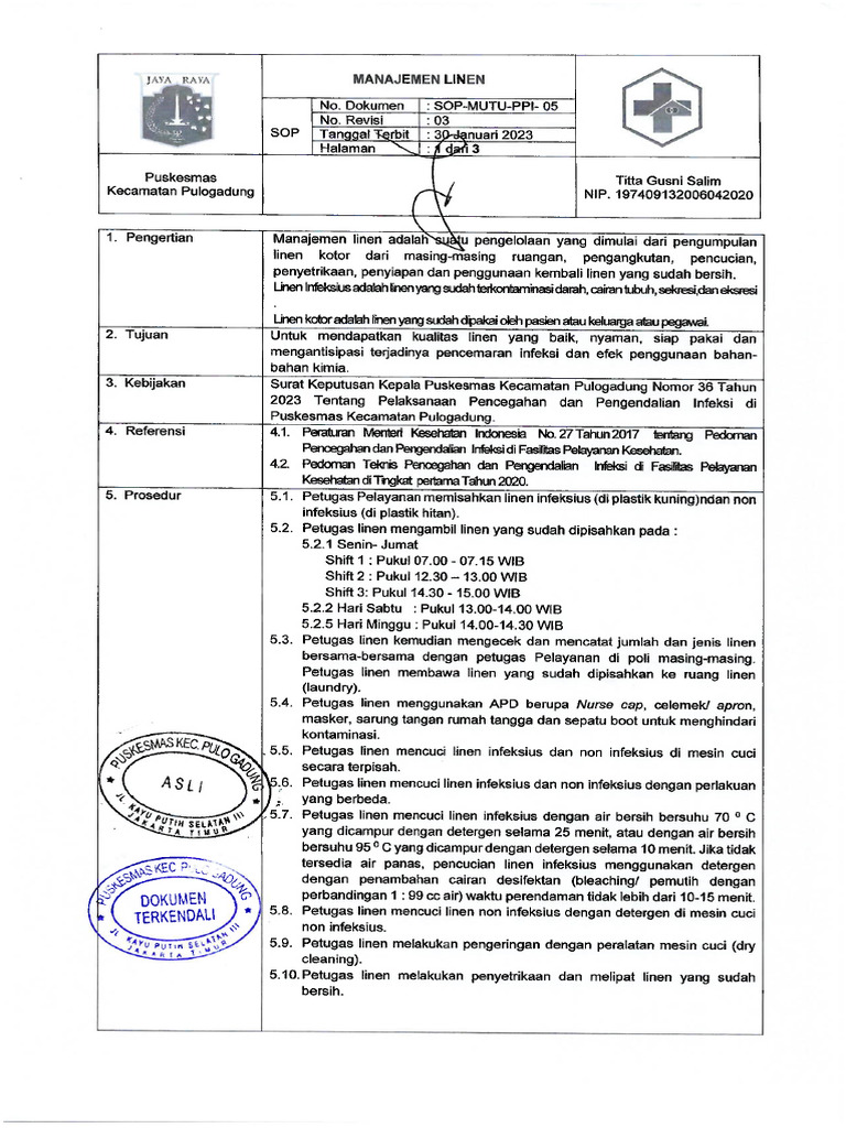 SOP Manajemen Linen | PDF