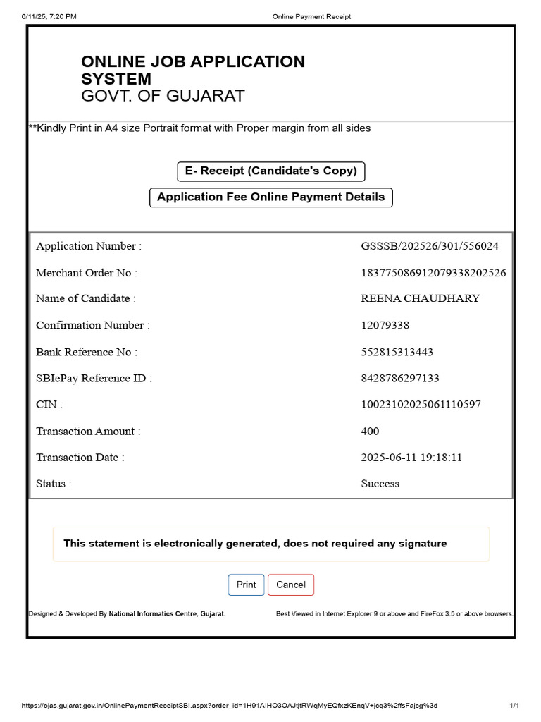 GSSSB Application Fee Receipt | PDF