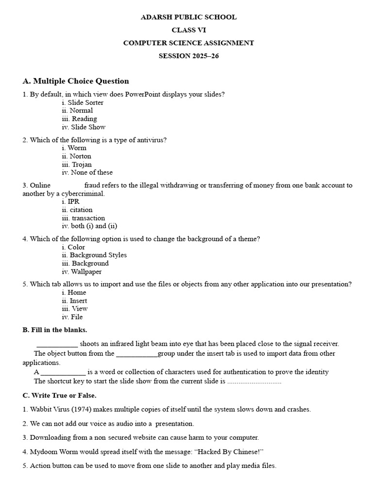 Class Vi Assignment Computer | PDF | Malware | Computer Virus