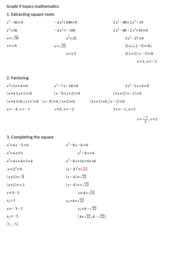 Grade 9 Topics Mathematics | PDF | Square Root | Quadratic Equation