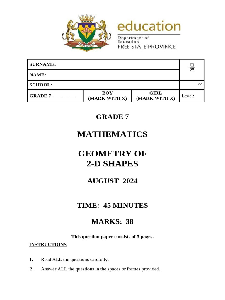 Grade 7 Geometry Test: 2D Shapes | PDF | Triangle | Rectangle