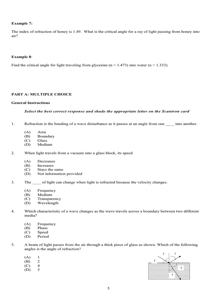 Physics 2204 Wave Worksheet 11 Refraction of Light 2018 Removed | PDF ...