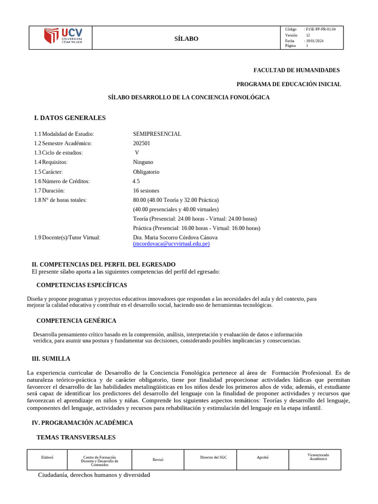 Silabo DESARROLLO DE LA CONCIENCIA FONOLÓGICA | PDF | Palabra ...
