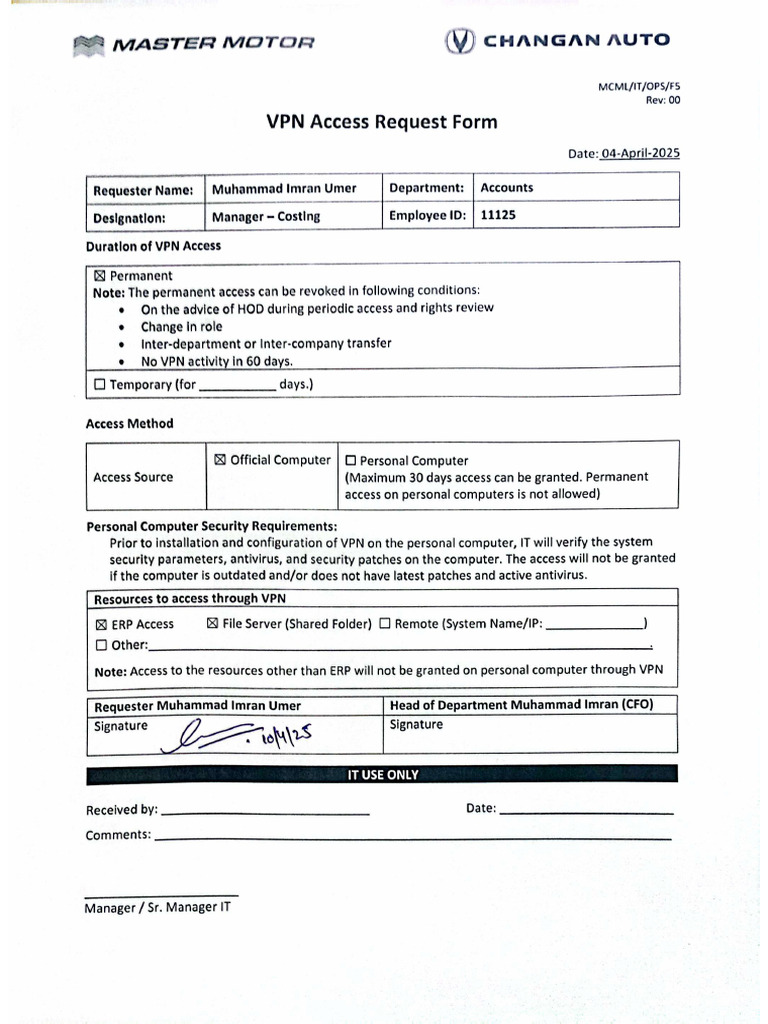 VPN Access Request Form - Imran | PDF