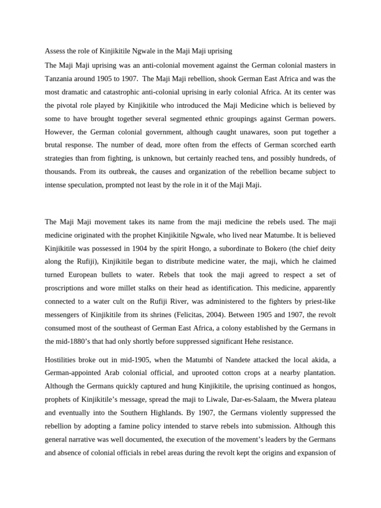 Kinjikitile Ngwale's Role in Maji Uprising | PDF