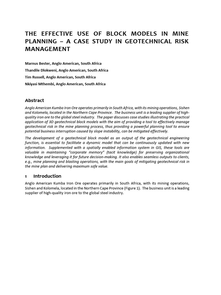 The Effective Use of Block Models in Mine Planning - A Case Study in Geotechnical Risk ...