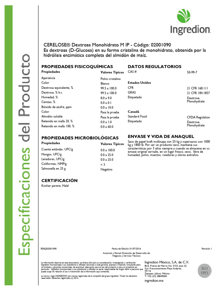 CERELOSE® Dextrosa Monohidrato M IP | PDF | Sustancias químicas | Biología