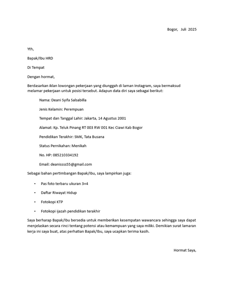 Surat Lamaran Kerja Simple Deani | PDF