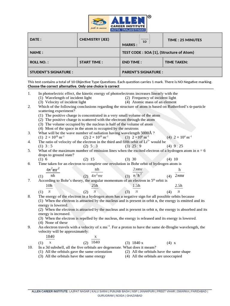 Chemistry-1 JEE (Atomic Structure) | PDF | Atoms | Atomic Orbital