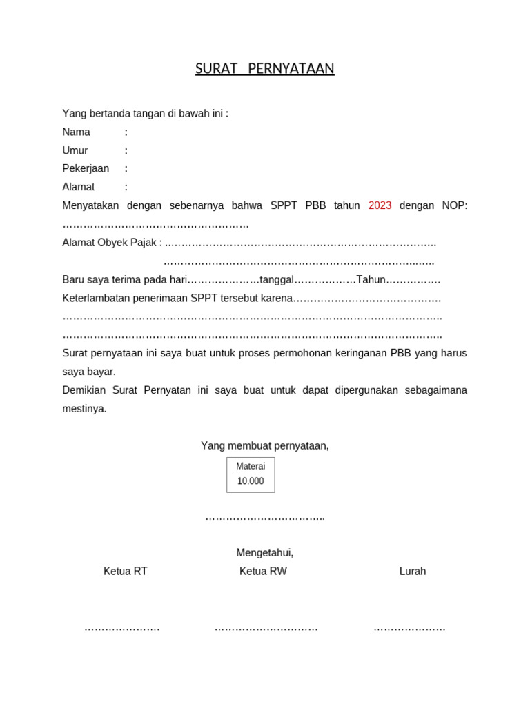 Surat Pernyataan Terima Sppt Pbb Tahun 2023 Terlambat 9553 | PDF