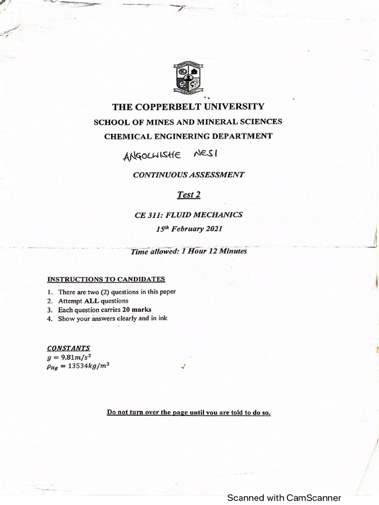 CE 311 Fluid Mec Past Papers | PDF